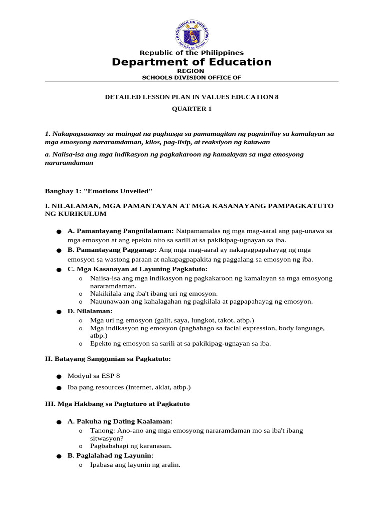Values 8 q1 Detailed Lesson Plan | PDF