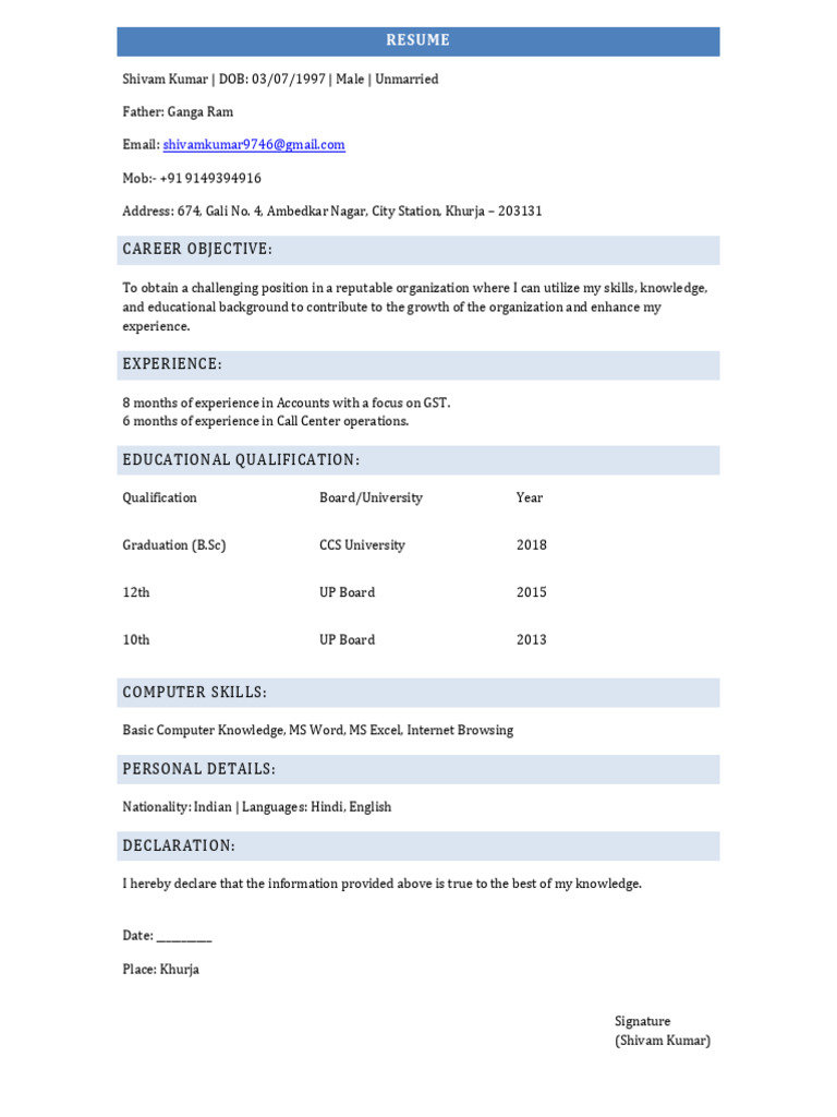 Resume of Shivam Kumar - Accounts & Call Center | PDF