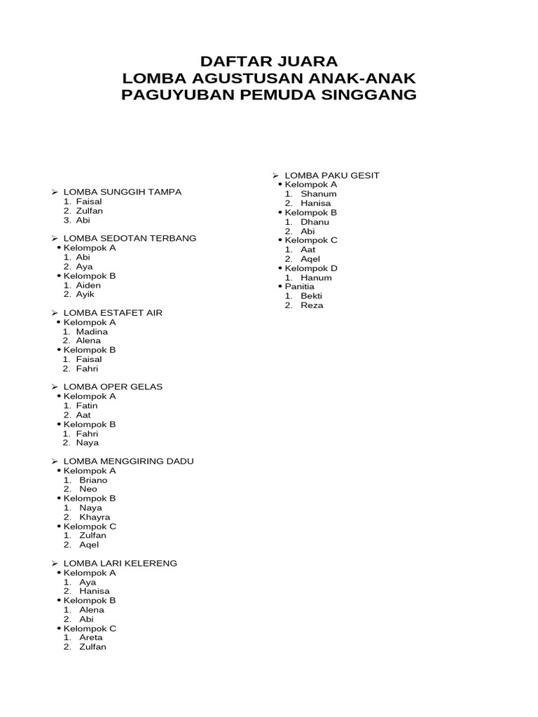 Juara Lomba Agustusan Anak-anak 2023 | PDF
