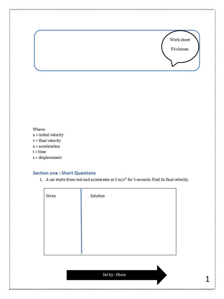 Worksheet Uniformly Accelerated Motion | PDF