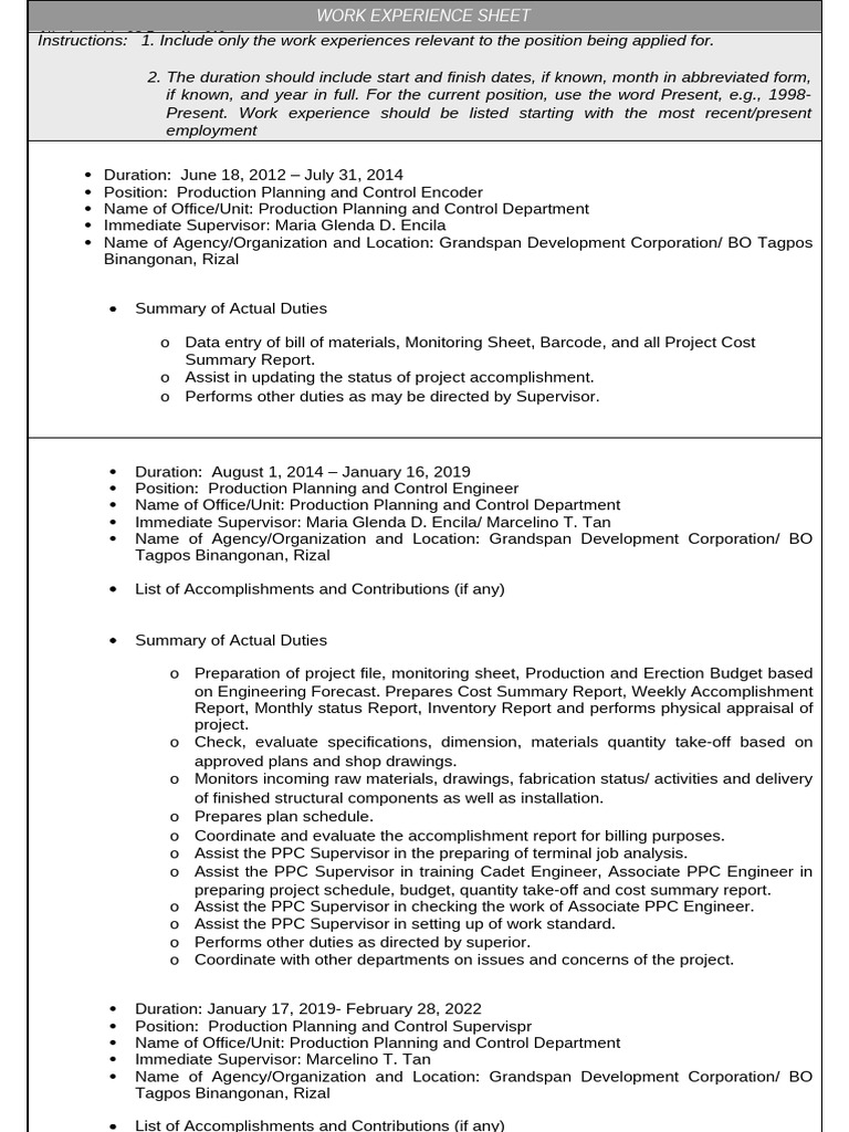 Work Experience Sheet Template | PDF | Business