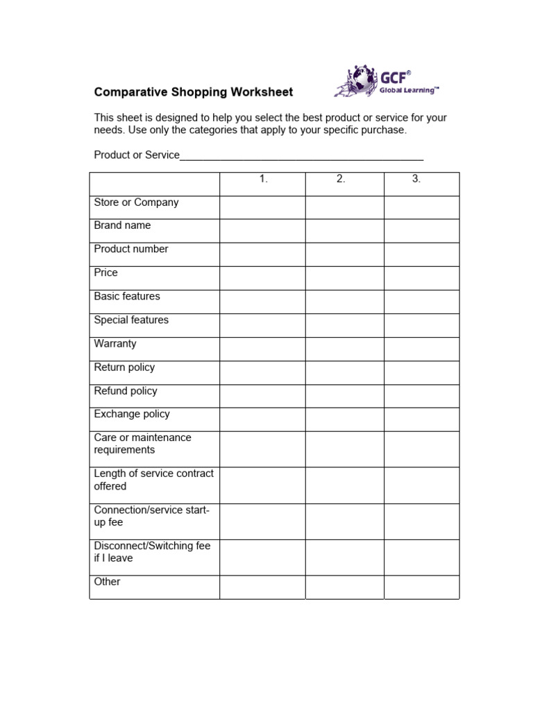 Product Comparison Worksheet Template | PDF