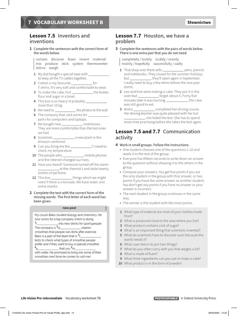 Life Vision Pre-Int Vocab Worksheet B U7 | PDF