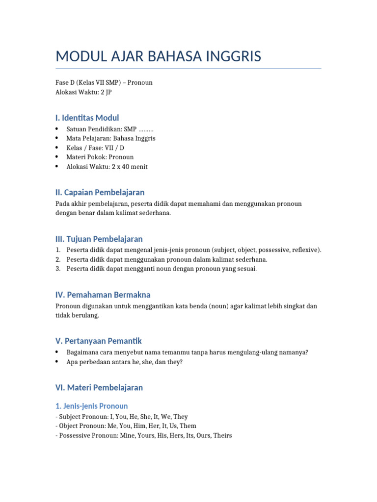 Modul Ajar Pronoun | PDF