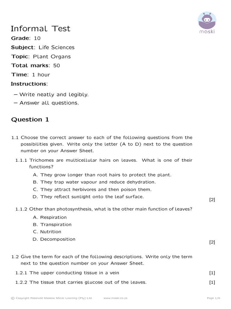 Informal Test 50 20250901105341 | PDF | Leaf | Tissue (Biology)