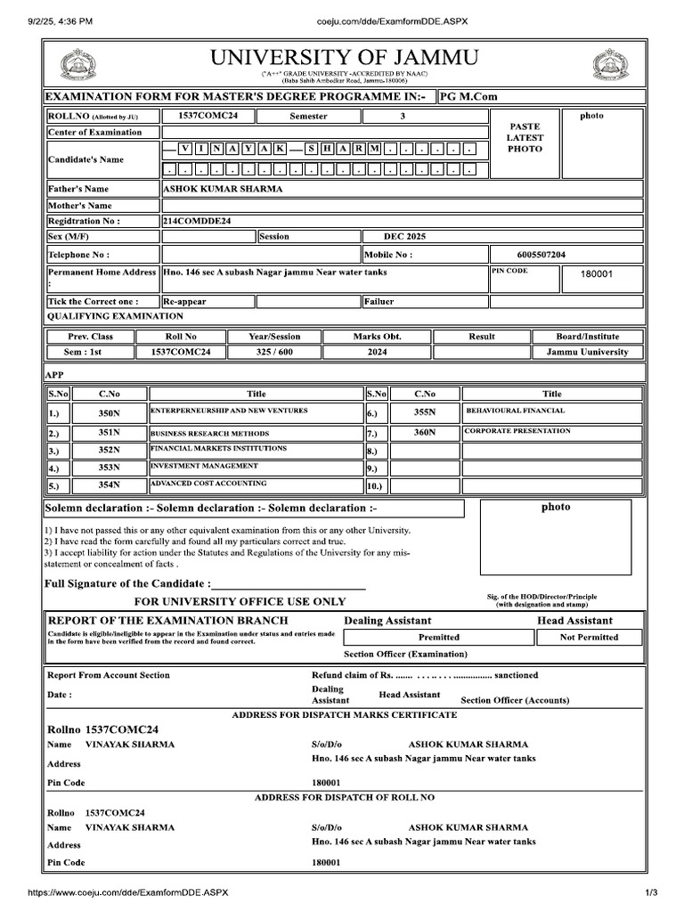 Application Form University 3rd Semester | PDF
