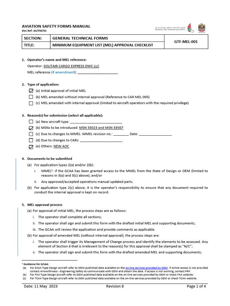 Gtf-Mel-001 - Minimum Equipment List (Mel) Approval Check List Rev.8 ...