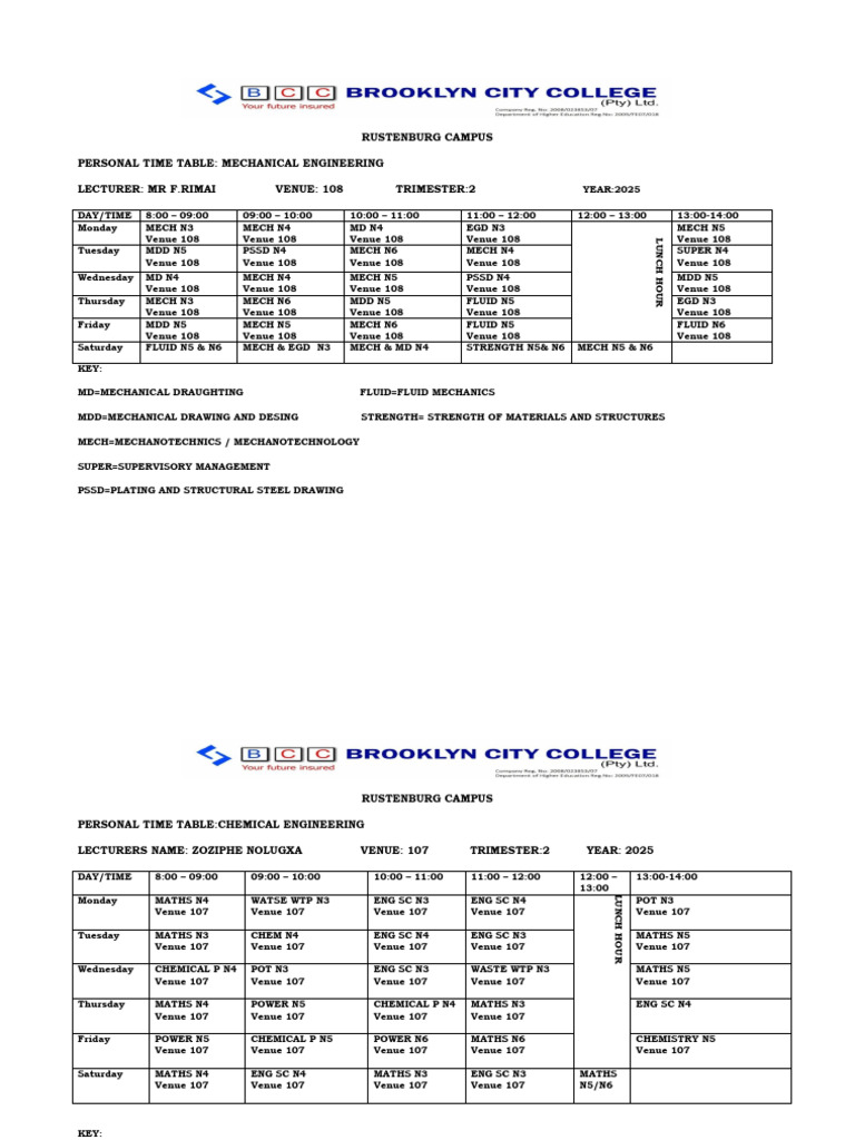 Rustenburg Campus Engineering Timetables | PDF | Engineering | Physical ...