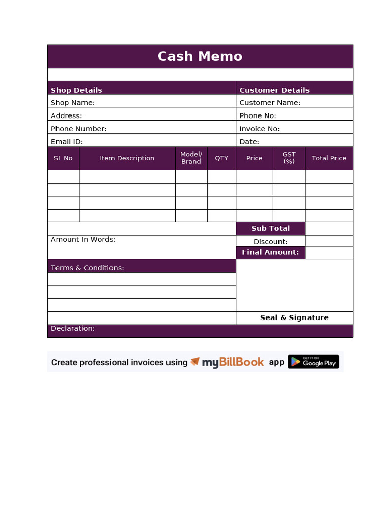 Simple Cash Memo Format | PDF