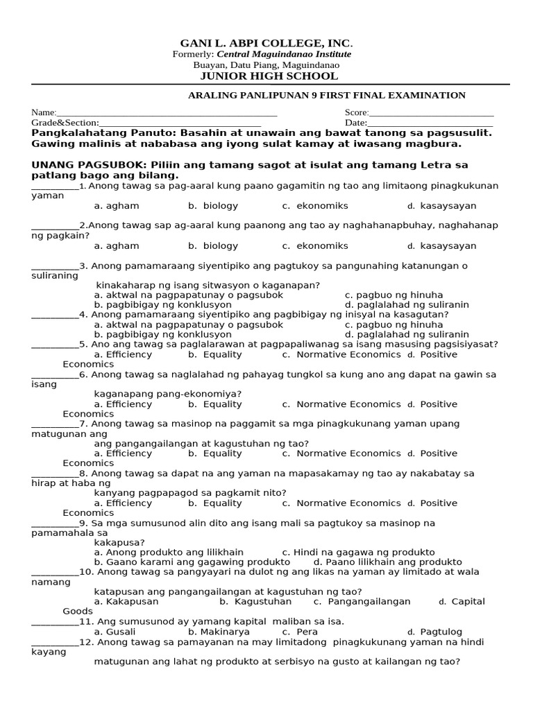 AP 9 First Final Examination | PDF