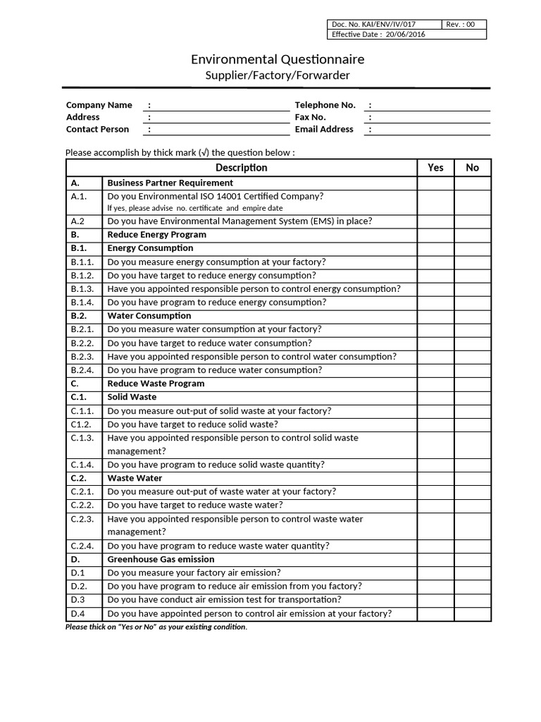 Environmental Questionnaire for Suppliers | PDF | Waste | Pollution