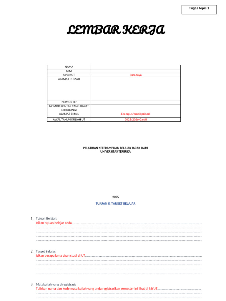 Lembar Kerja PKBJJ UT 2025/2026 | PDF