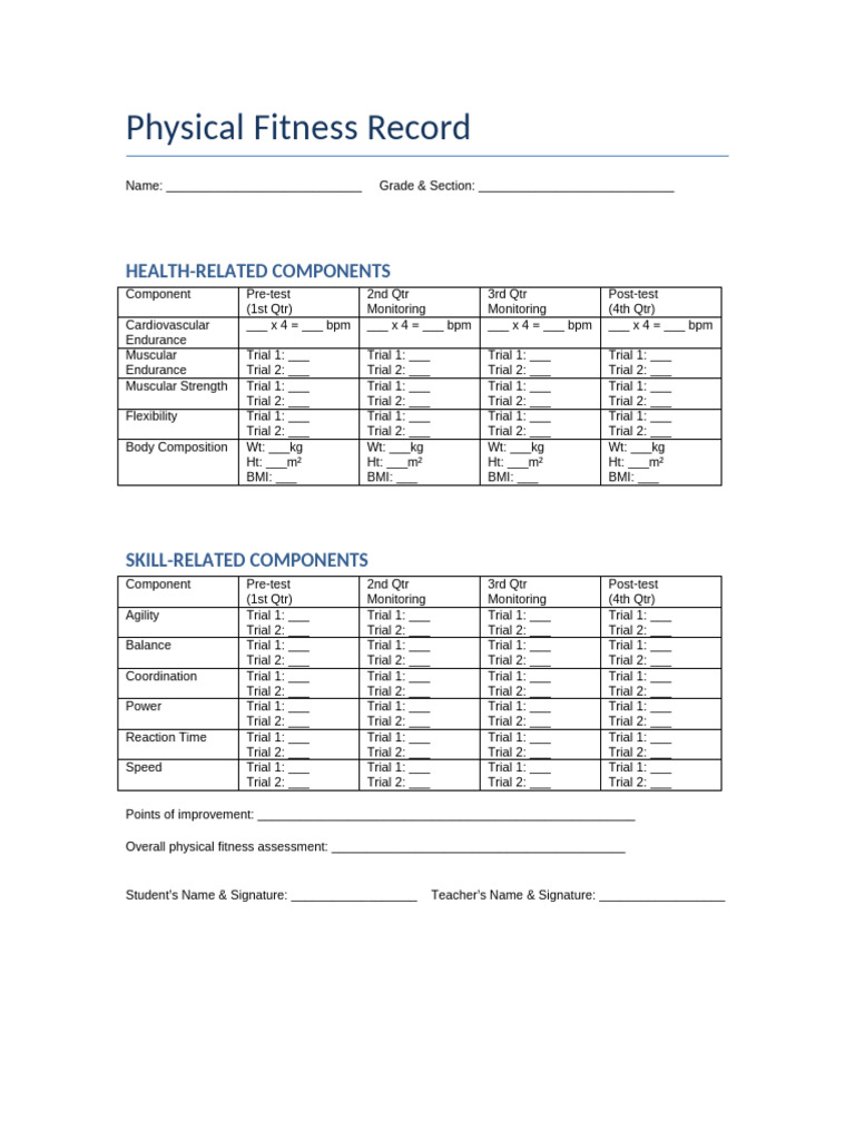 Physical Fitness Assessment Record | PDF | Physical Exercise | Physical ...