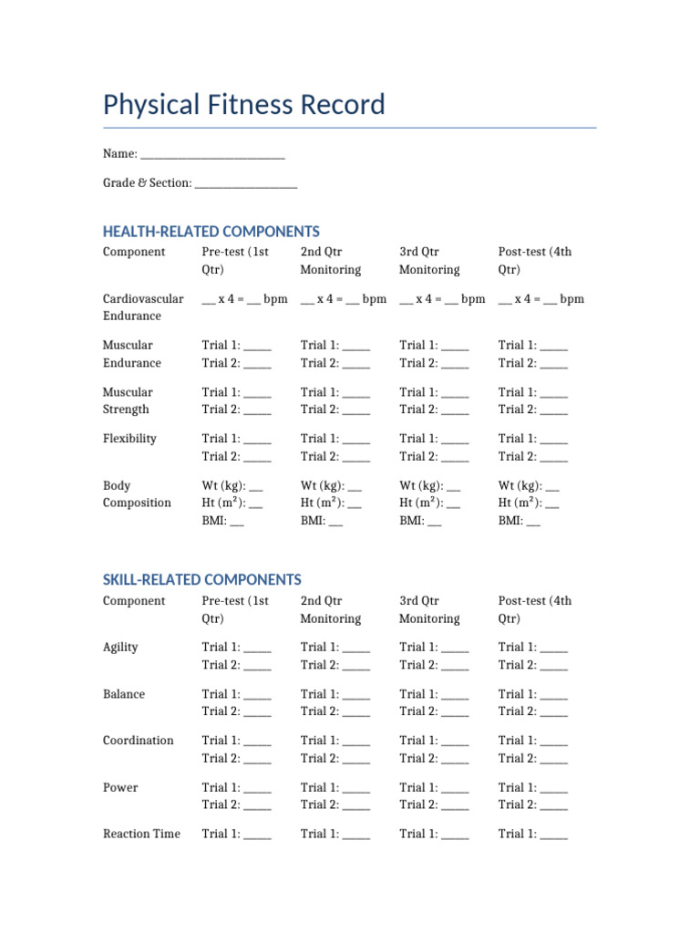 Physical Fitness Record | PDF | Physical Exercise | Physical Fitness