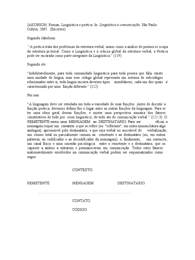 ROMAN JAKOBSON - Lingüística e Poética | PDF | Linguística | Comunicação
