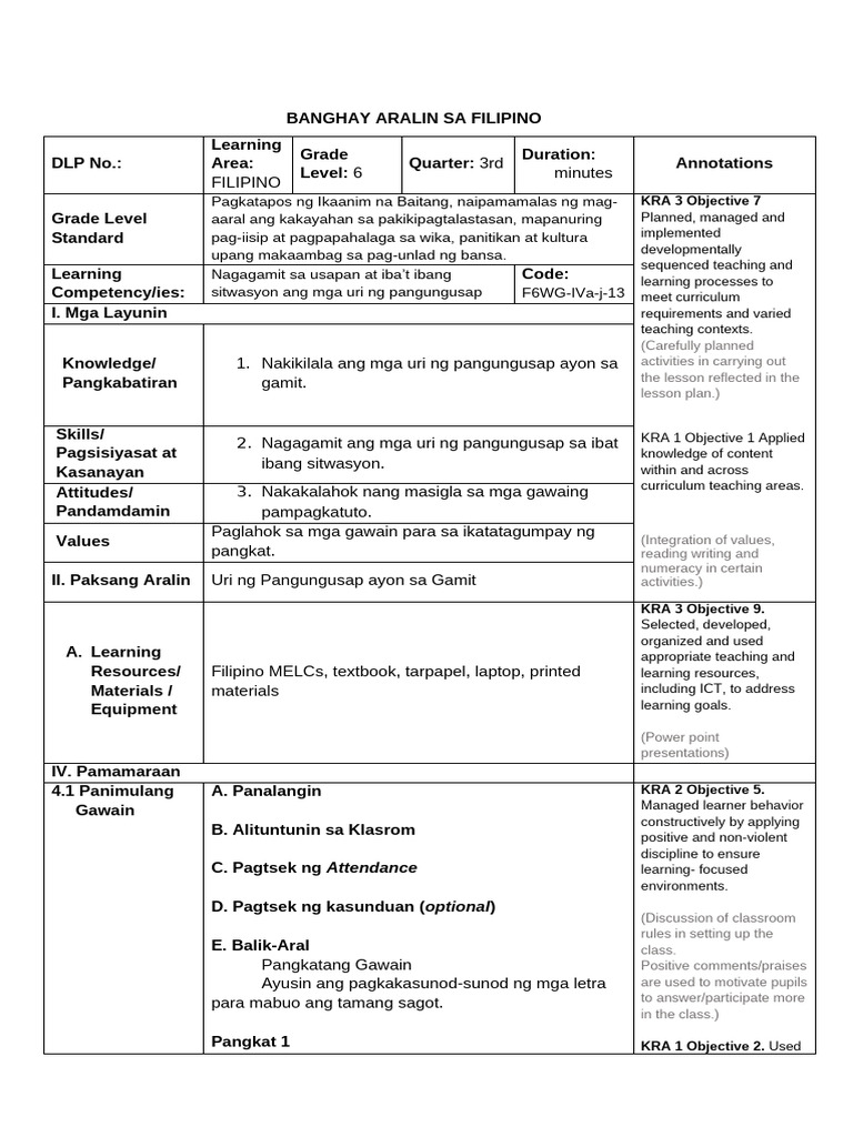 Lesson Plan Filipino 6 Q3 | PDF