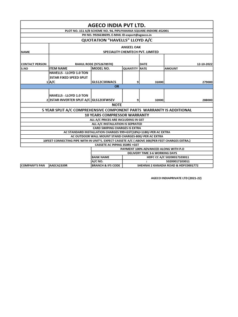Quotation for Havells Lloyd A/Cs | PDF | Air Conditioning