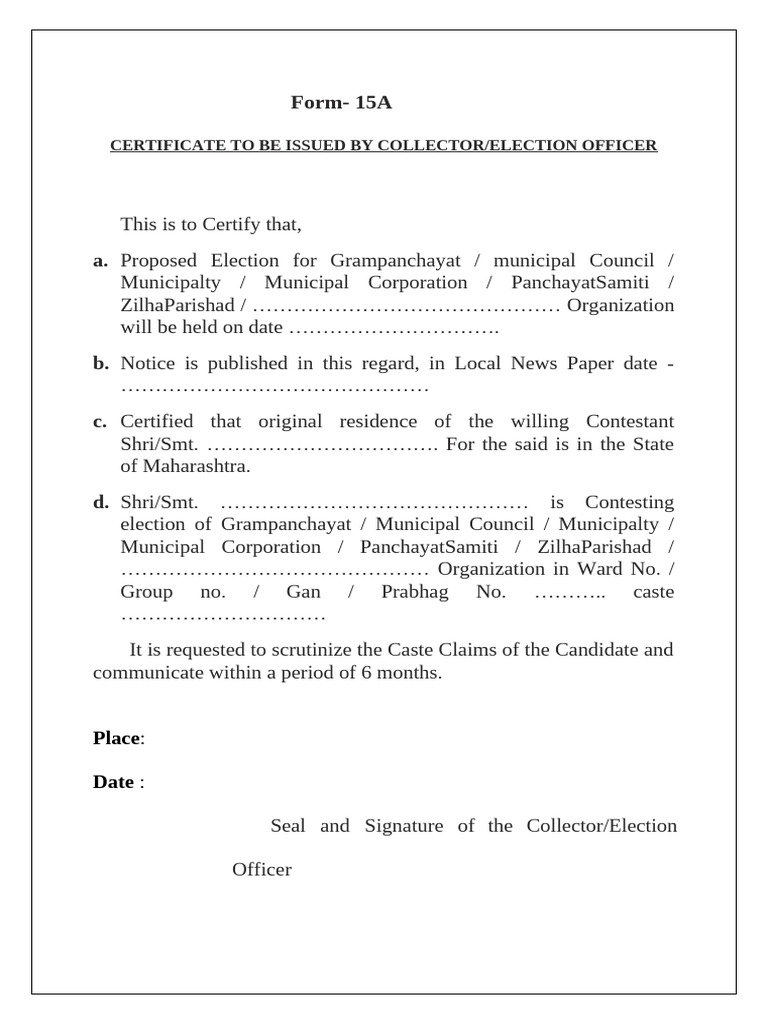 Caste Validity Form 15a For Election | PDF