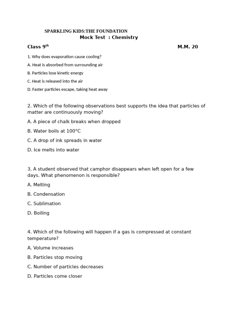 Class 9 Chemistry Mock Test Guide | PDF