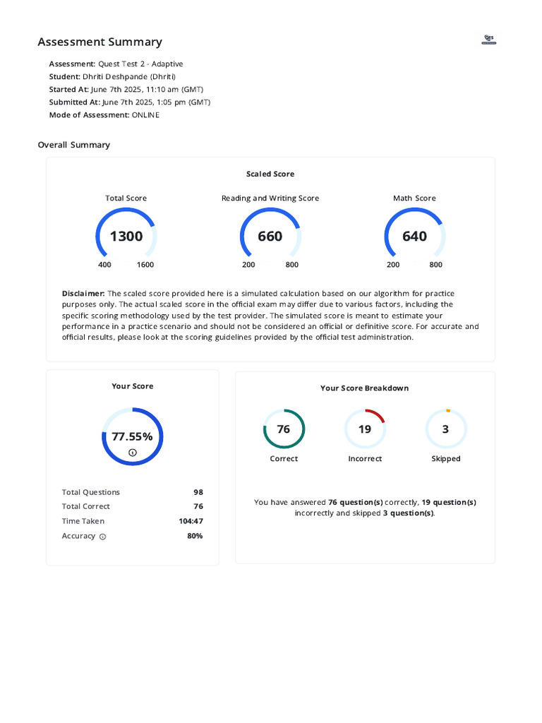 Assessment Quest Test 2 - Adaptive Report | PDF | Equations | Mathematics