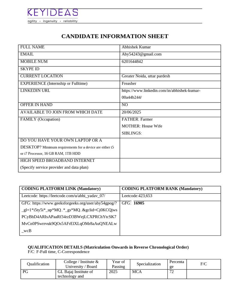 Candidate Information Sheet - Fresher | PDF | Computing | Computer Hardware