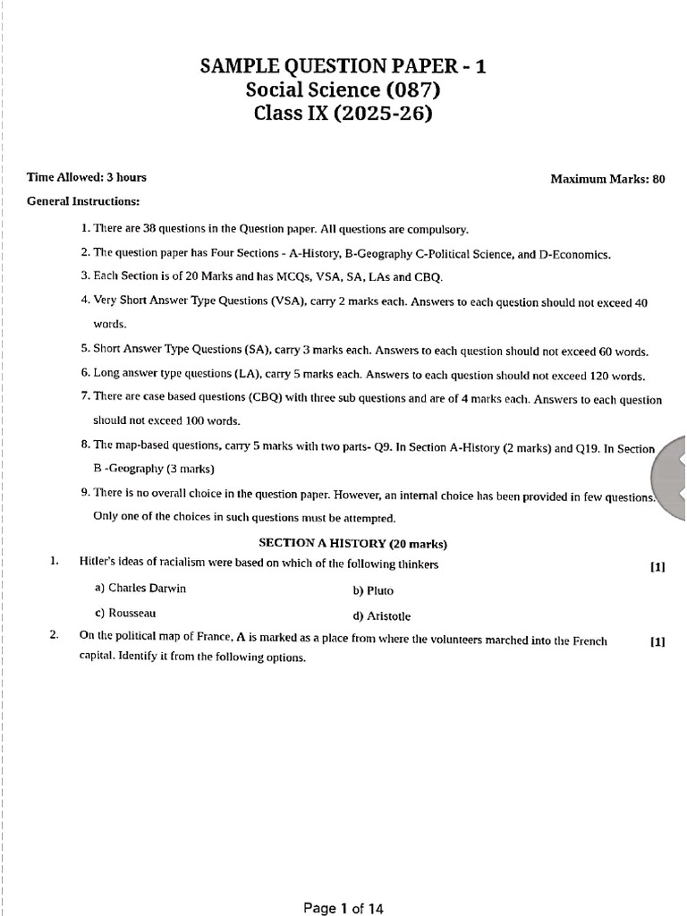 Sample Ques Paper Class 9 Social Science | PDF