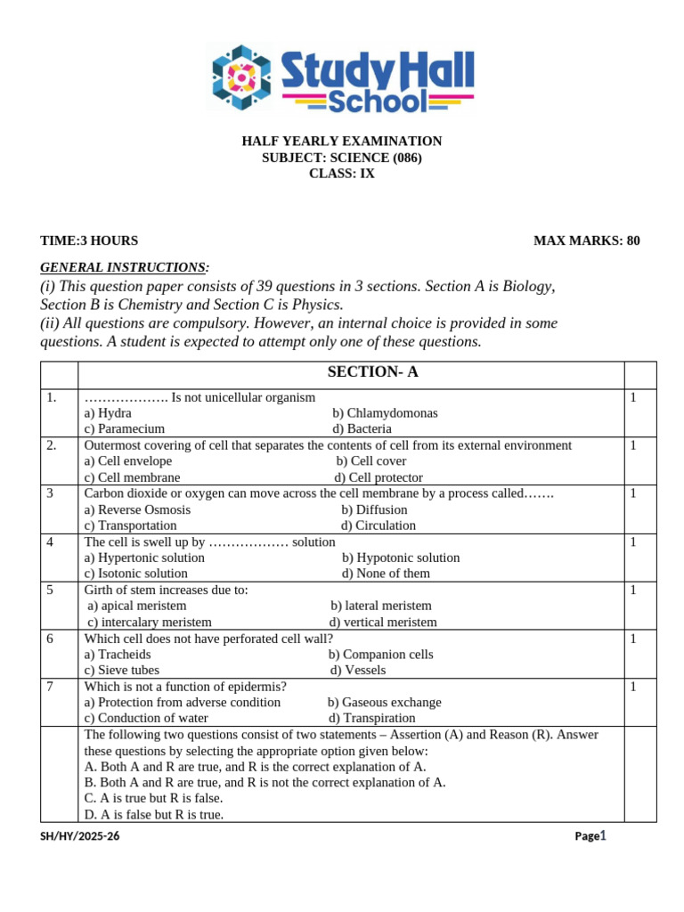 2025 Class 9 Hy Sample Paper 1 | PDF | Mixture | Tissue (Biology)