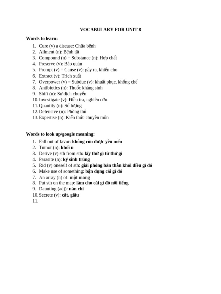 Vocabulary For Unit 8 | PDF