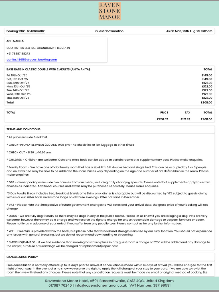 Guest Confirmation For Ravenstone Manor Hotel Booking Reference BDC ...
