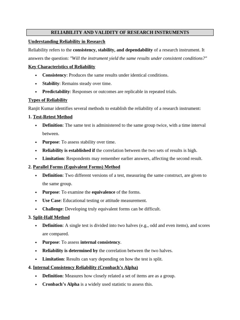 Reliability and Validity of Research Instruments | PDF | Validity (Statistics) | Quantitative ...