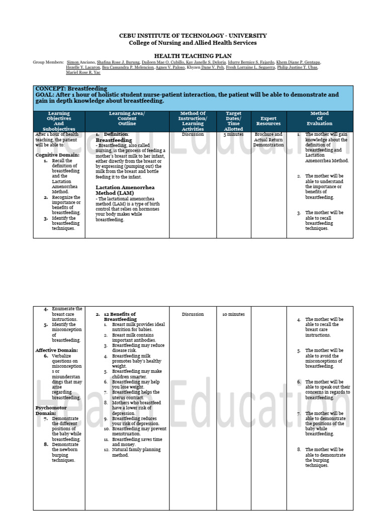 Breastfeeding Health Teaching Plan | PDF | Breastfeeding | Breast Milk