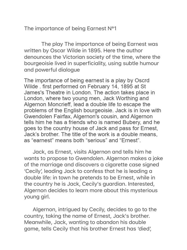 Importance of Being Earnest Overview | PDF