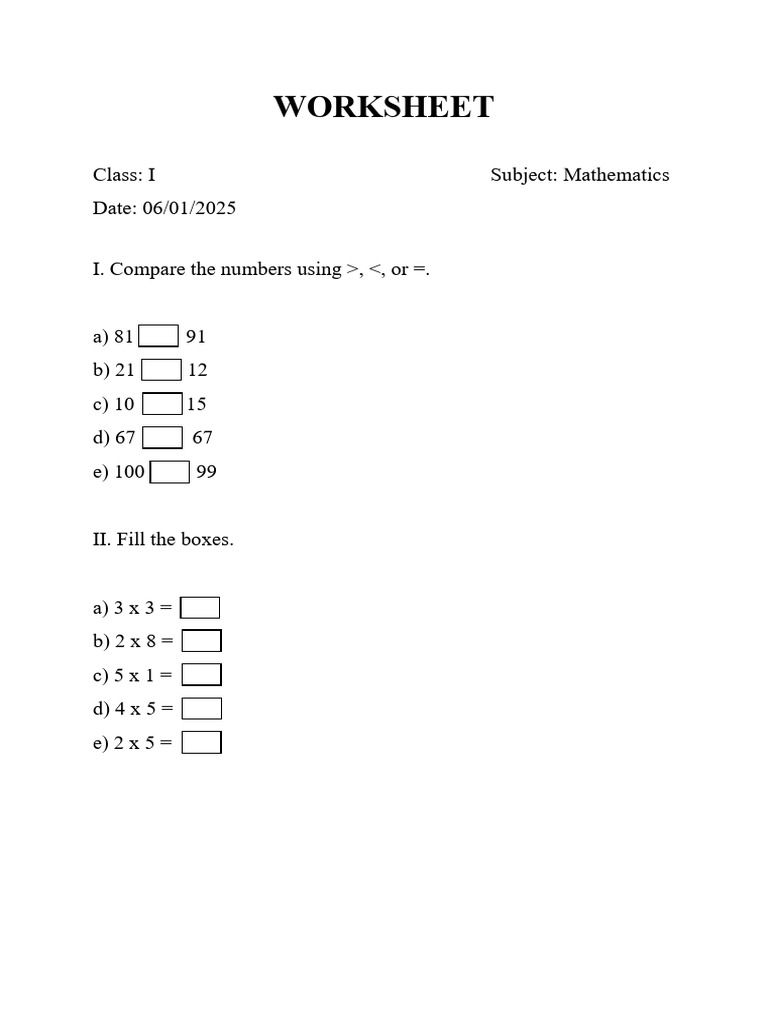 Grade 1 Math Comparison Worksheet | PDF