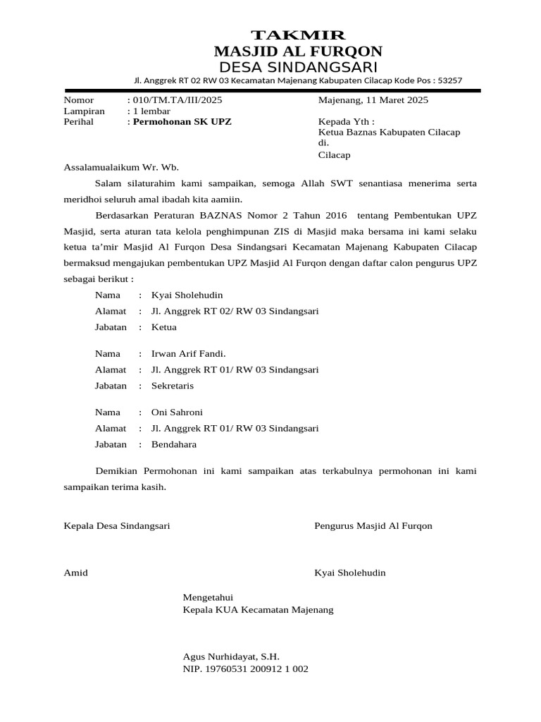 Permohonan SK UPZ Masjid Al Furqon | PDF