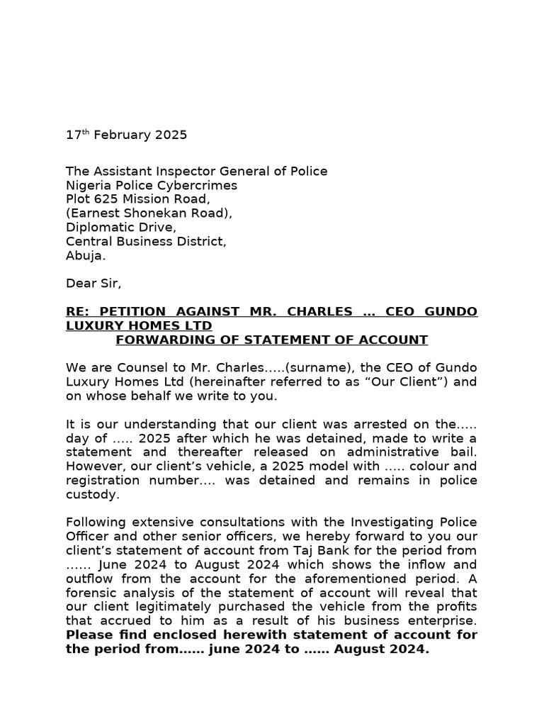Letter Forwarding Statement of Account Charles Gundo | PDF