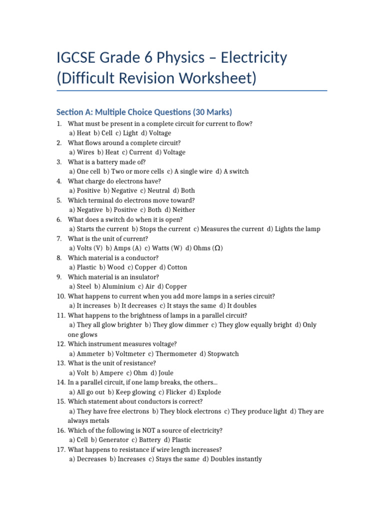 IGCSE Grade6 Physics Electricity Difficult Revision | PDF | Electric Current | Series And ...