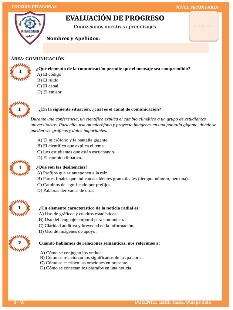 Evaluación de Progreso 2° de Secundaria | PDF | Comunicación | Verbo