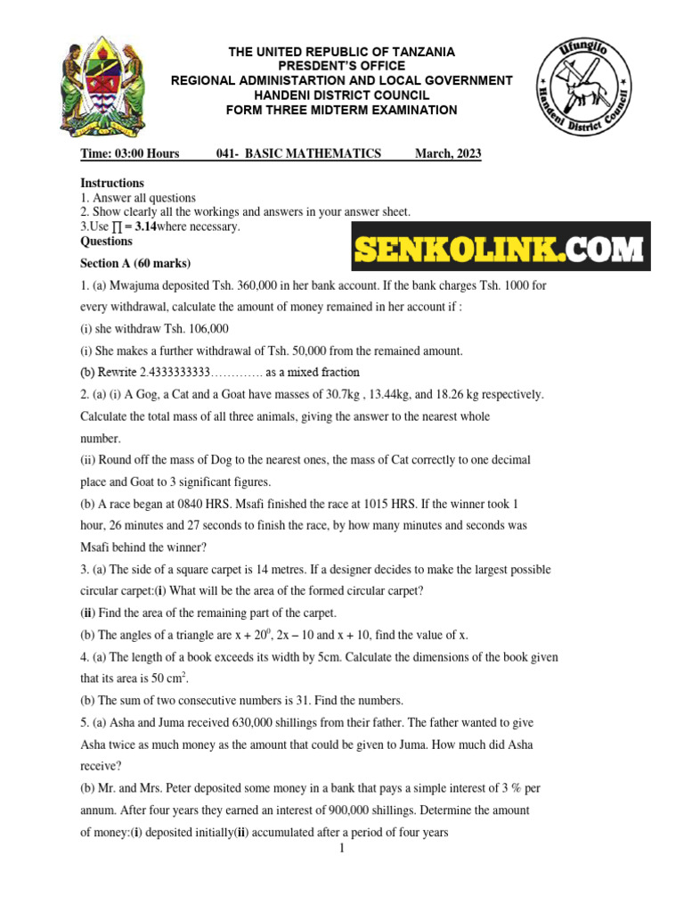 Mathematics - Solved Exam - Senkolink.com | PDF | Mathematics | Elementary Mathematics