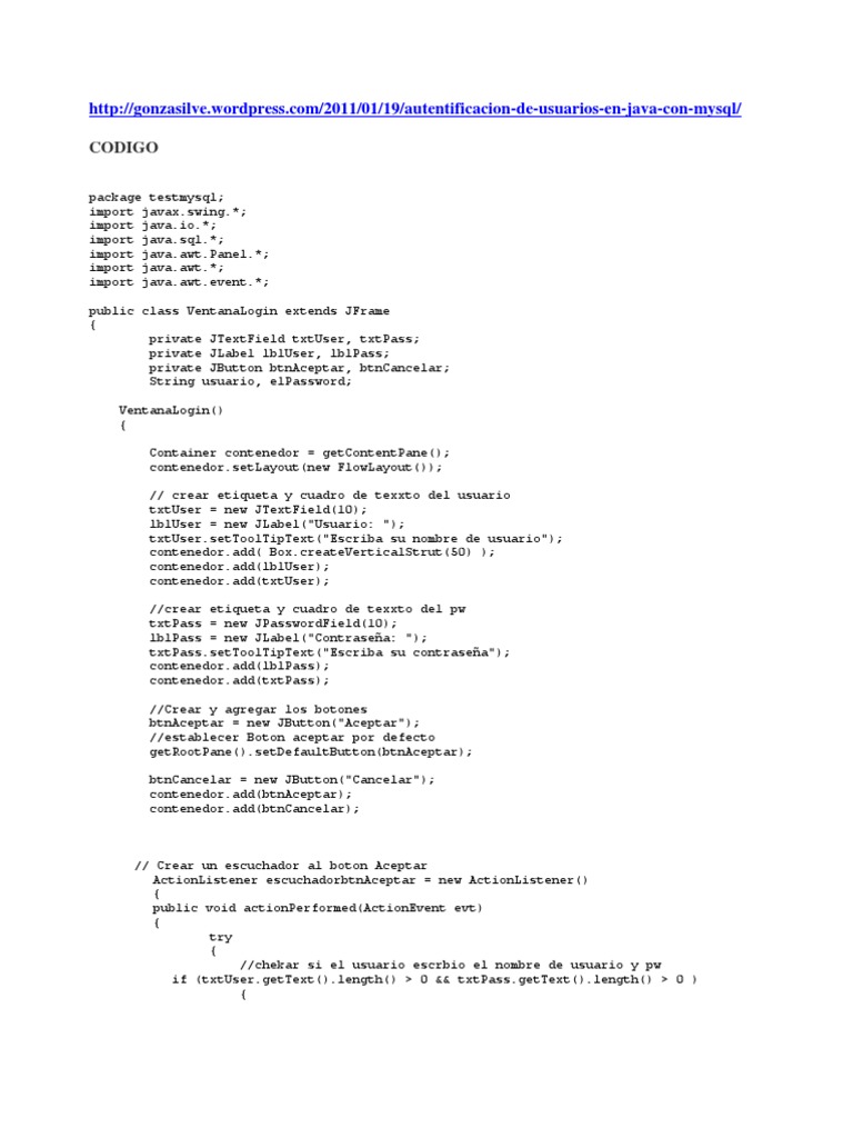 Autenticacion De Usuario En Java Pdf Contraseña Java Lenguaje De
