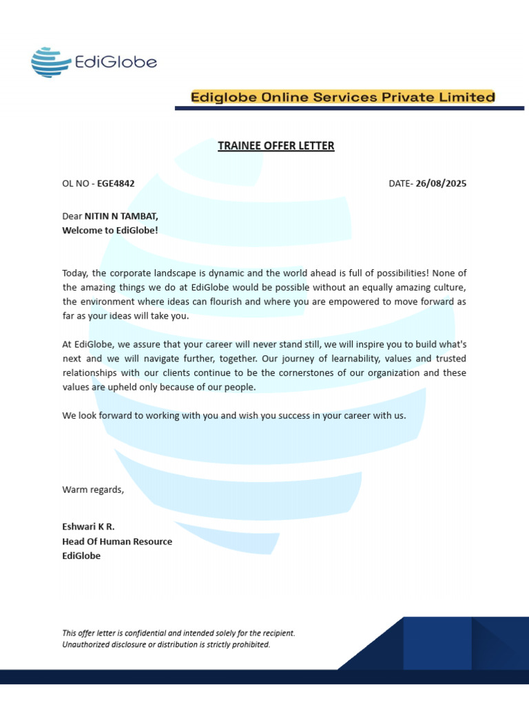 EdiGlobe Trainee Offer Letter for Academic Counselor | PDF | Background ...