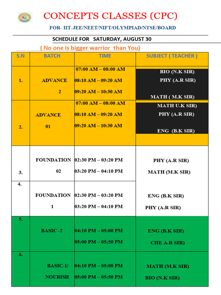 CPC Class Schedule for IIT-JEE/NEET | PDF