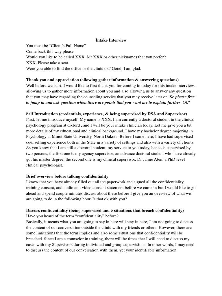 Intake Interview Process Overview | PDF | Confidentiality | Counseling ...