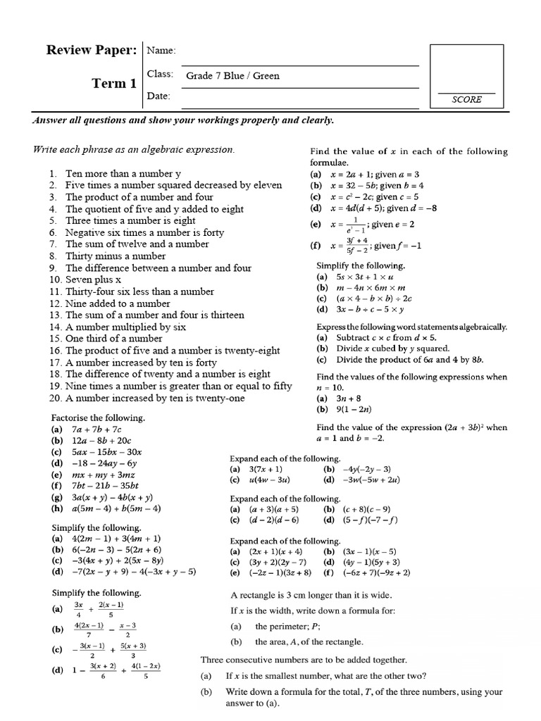 Grade 7 Review Questions | PDF | Numbers | Length