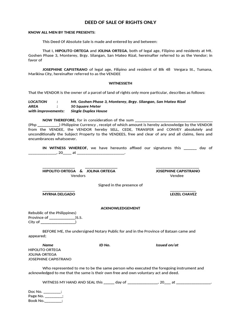 Deed of Sale for Rights Only | PDF | Land Law | Real Property Law