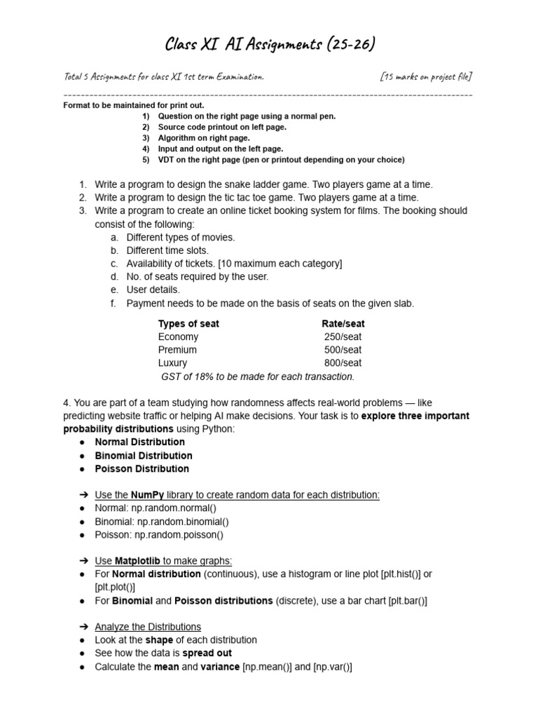 Class XI AI Project Assignments Guide | PDF | Poisson Distribution ...