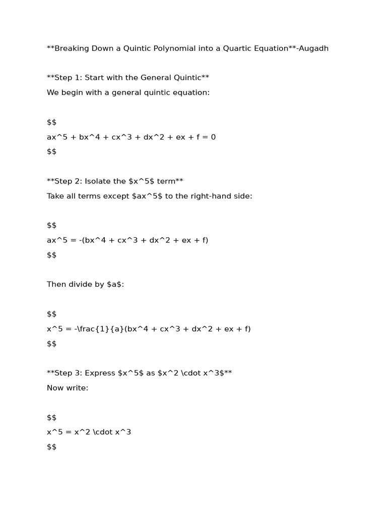 Breaking Down A Quintic Polynomial Into A Quartic Equation | PDF ...