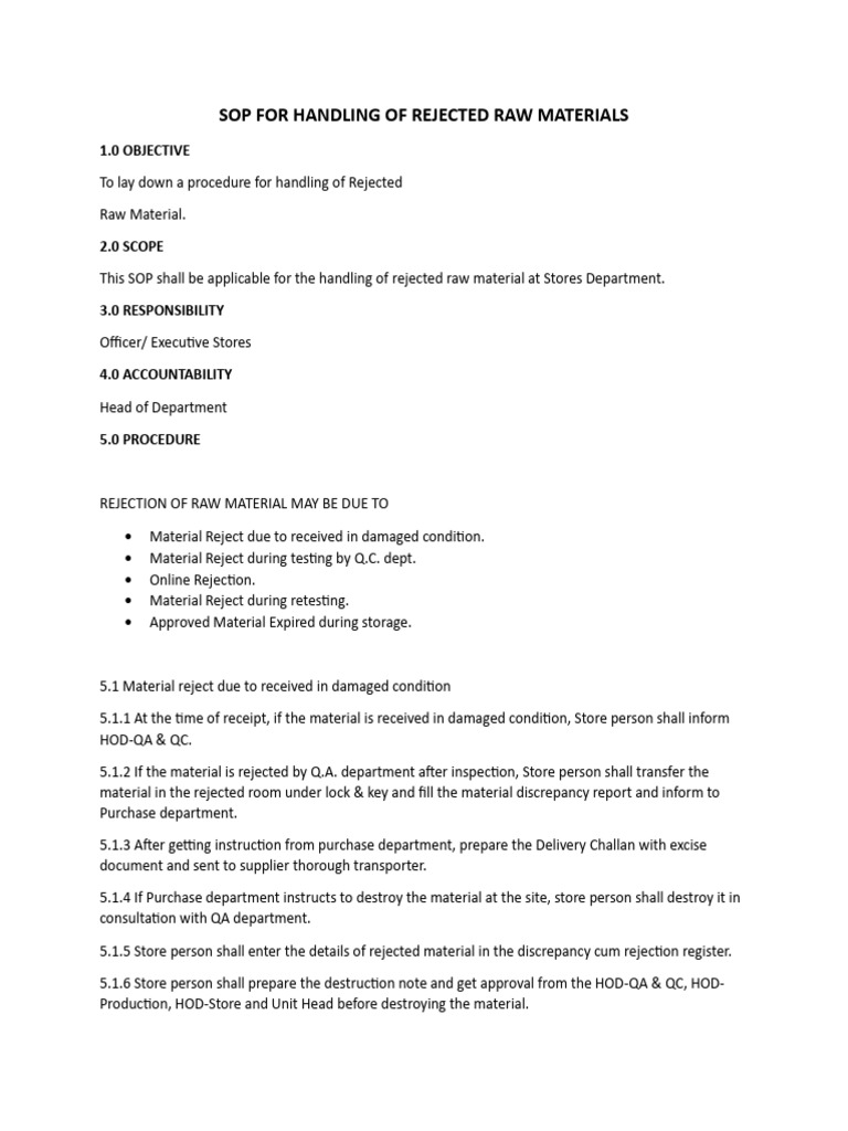 SOP For Rejected Raw Materials | PDF | Quality Assurance | Business