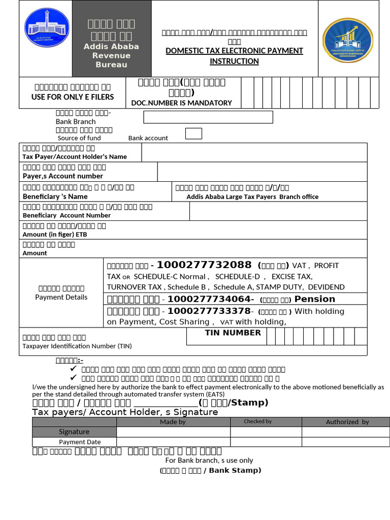 Domestic Tax Electronic Payment Instruction: Addis Ababa Revenue Bureau ...