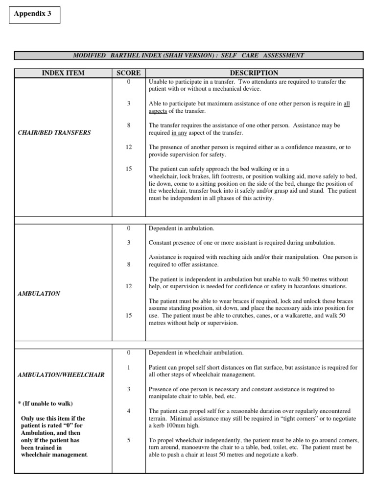 Modified Barthel Index (Shah Ver.) | PDF | Wheelchair | Hygiene