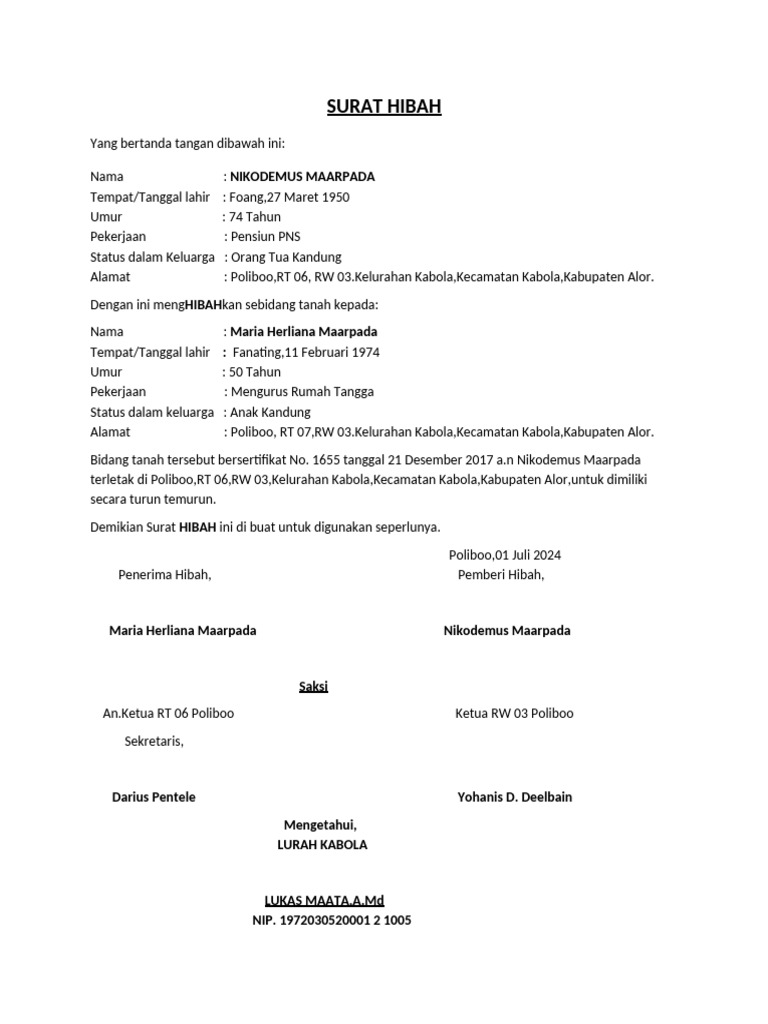 Surat Hibah Tanah Keluarga Alor | PDF